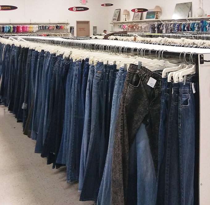 Denim for days! This blue jean boulevard showcases America's favorite pants in every wash, cut, and era imaginable.
