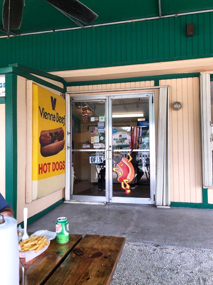 The entrance to hot dog heaven, complete with Vienna Beef signage&mdash;the universal symbol for "abandon your diet, all ye who enter here."