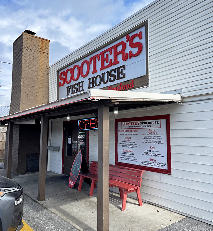 Red bench, weather-worn sign, open door&mdash;the Emerald Coast's version of a welcome mat. Once inside, you're no longer a tourist, just hungry.