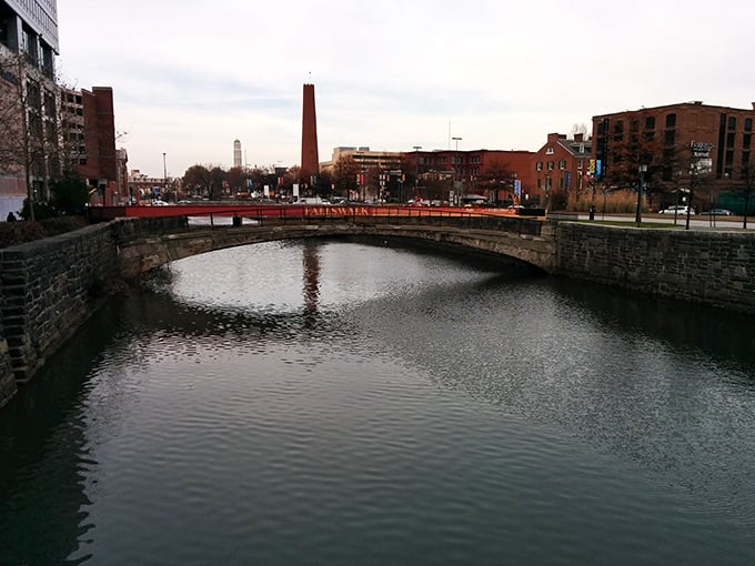 The tower stands as a brick exclamation point against the horizon. From this vantage point across Jones Falls, it's easy to imagine Baltimore's industrial heyday.