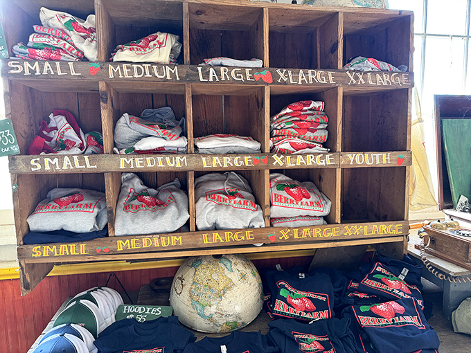 Farm-branded apparel neatly organized by size&mdash;because nothing says "I picked berries before it was cool" like a Swanton Berry Farm hoodie.