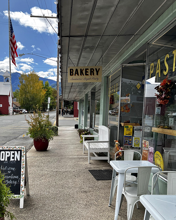 Farmhouse Bakery's sidewalk seating invites you to linger. Where pastries taste better with a side of mountain views and fresh air.