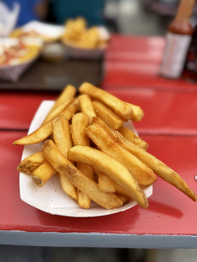 Hand-cut fries achieve that perfect golden ratio of crispy exterior to fluffy, tender interior. 
