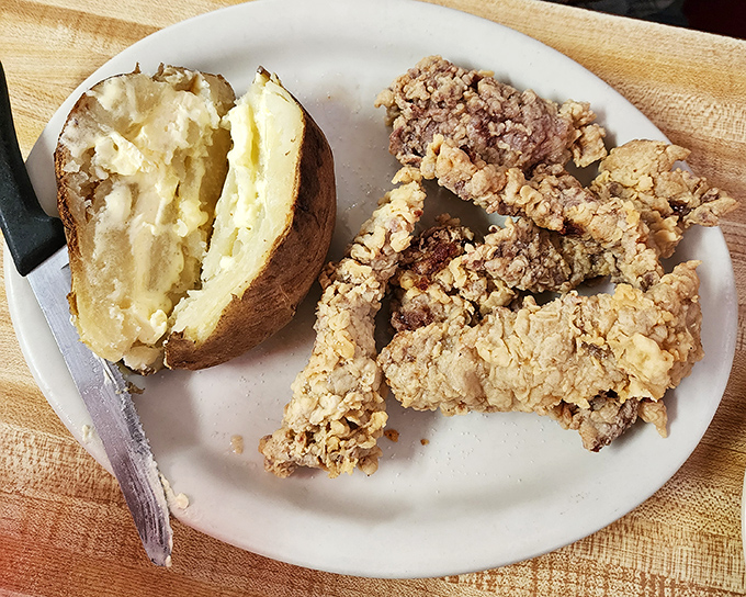 Fried chicken livers and a loaded baked potato &ndash; proof that sometimes the most delicious things aren't the most photogenic. Trust me on this one.
