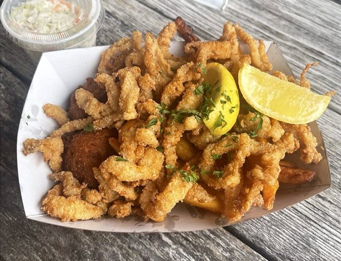 These fried clams look like they're having more fun than most vacationers—golden, crispy, and ready to be the highlight of your day.