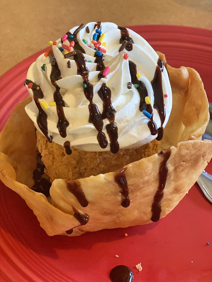 Fried ice cream that defies physics&mdash;hot, cold, crunchy, and creamy in impossible harmony. The chocolate drizzle isn't just decoration; it's the final brushstroke on a dessert masterpiece.