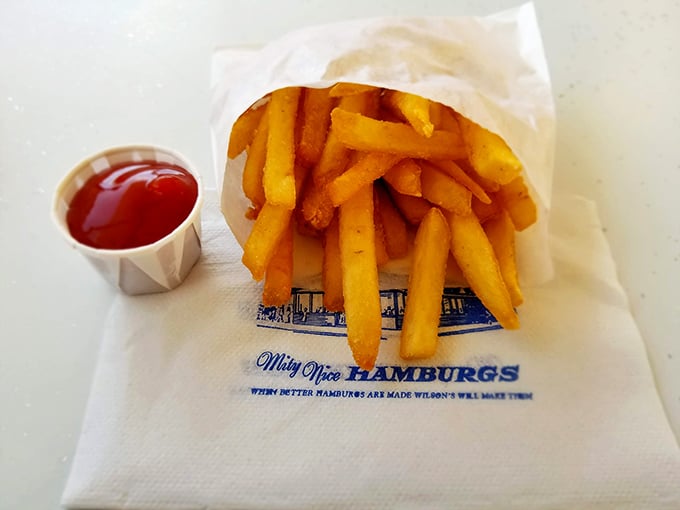 Golden fries served in paper &ndash; crispy outside, fluffy inside, and the perfect vehicle for ketchup. The wrapper proudly proclaims "Mighty Nice Hamburgs" &ndash; an understatement if there ever was one.