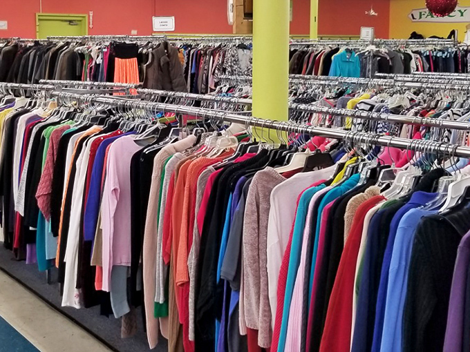 The clothing section: a color-coded wonderland where designer labels hide among everyday brands like Easter eggs in a particularly challenging hunt.