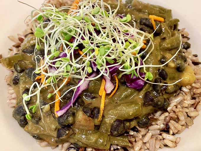 A symphony of textures and colors that would make even devoted carnivores pause. Those sprouts aren't just garnish&mdash;they're the culinary equivalent of confetti.