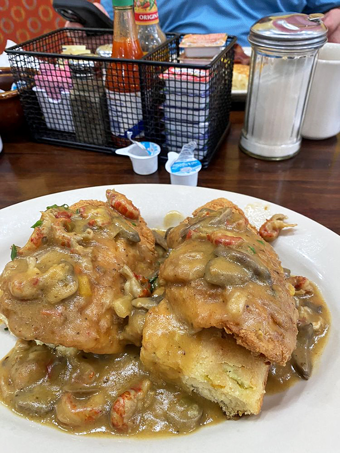The legendary Harley Biscuit&mdash;where seafood meets breakfast in a sauce so good you'll want to drink it. Proof that biscuits can handle anything you throw at them.