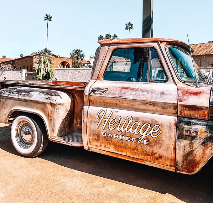 Even the truck has character. This vintage beauty has probably seen more barbecue pilgrimages than most of us have had hot meals.
