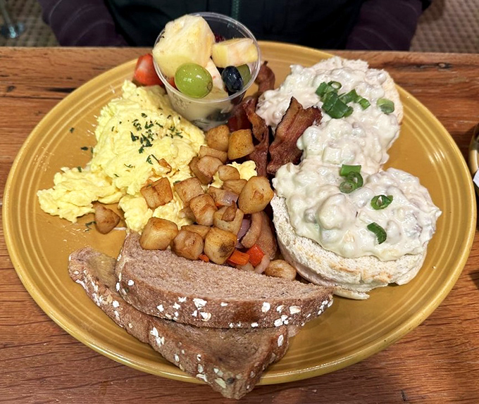 The Hillbilly Breakfast plate proves that morning food knows no time constraints&mdash;eggs, potatoes, and biscuits with gravy that would make grandma proud.
