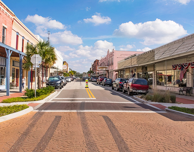 Oak Street stretches into the distance, a living museum of early 20th-century commercial architecture where Florida's past is very much present.