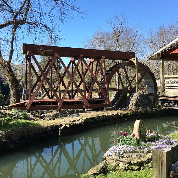 The historic gristmill mechanism stands as both engineering marvel and reminder that breakfast used to require serious horsepower.