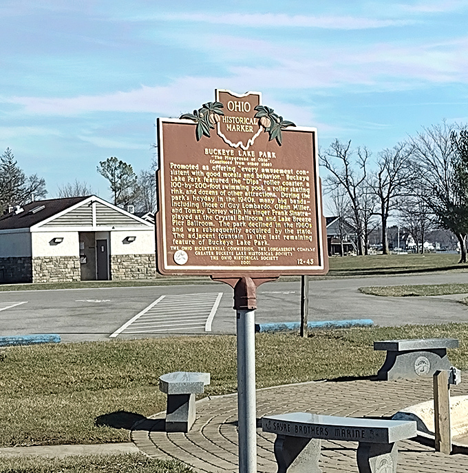 History set in bronze: this marker tells Buckeye Lake's story from swamp to reservoir to beloved recreation destination. Some tales improve with time.