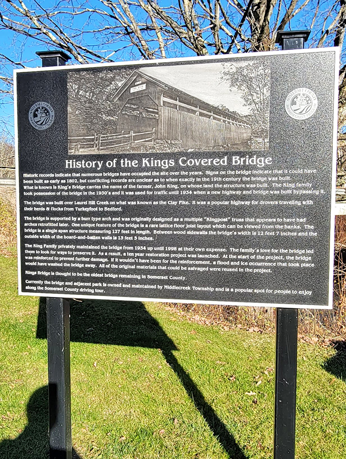 Every historic landmark needs its story told. This sign reveals the bridge's past, present, and the community effort that keeps it standing.