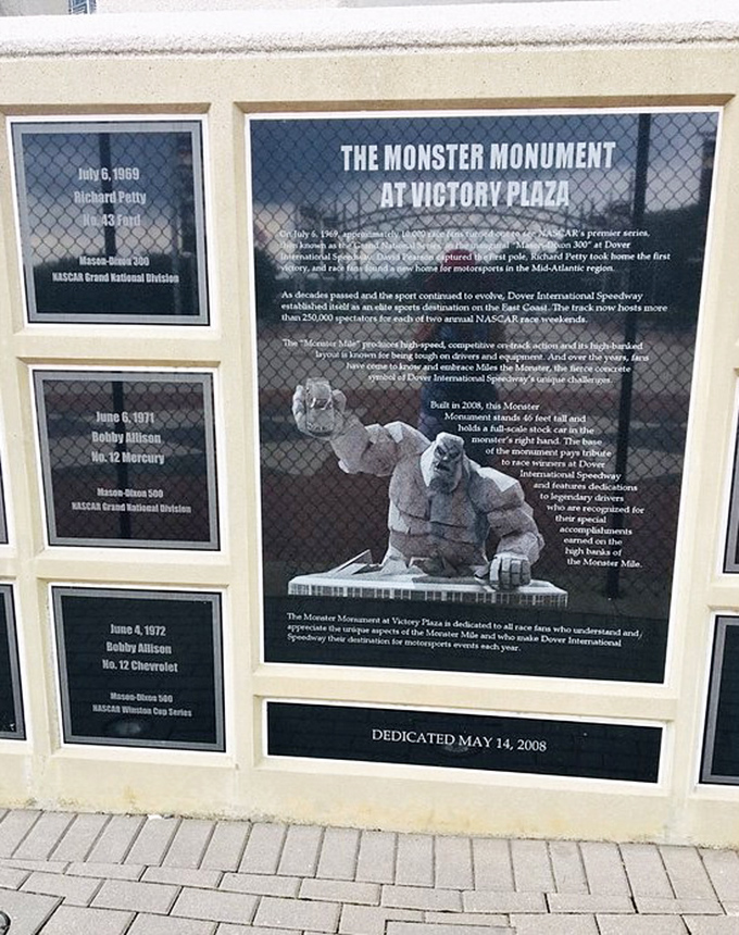 History etched in stone—the Monster Monument plaque reveals Miles' origin story and dedication date, answering questions while preserving his mystique.