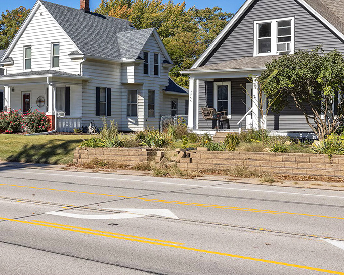 Classic Midwestern homes line this Moline street, their welcoming porches and tidy gardens embodying the heartland values that built this river city.