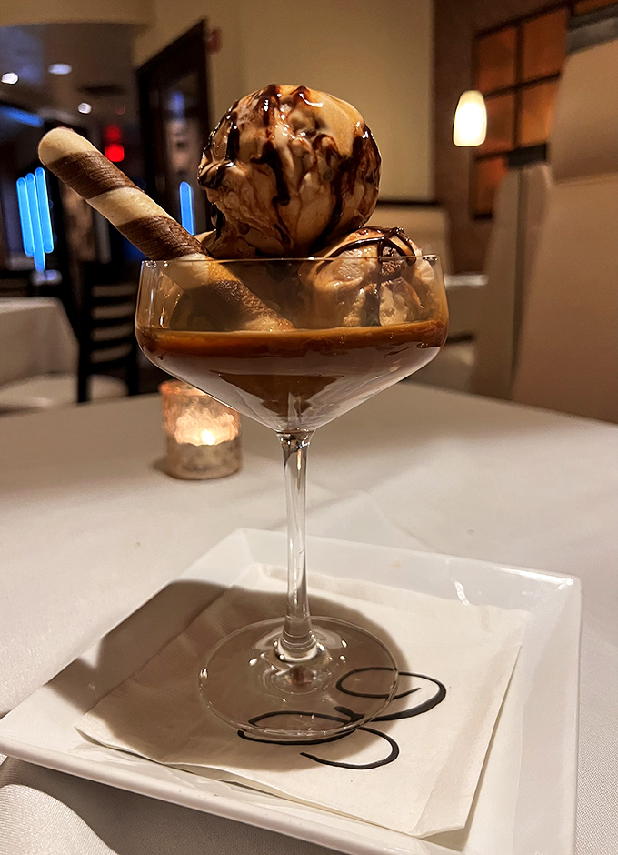 Not just dessert, but the grand finale&mdash;ice cream and chocolate sauce with a cookie garnish that makes you reconsider the concept of "too full."