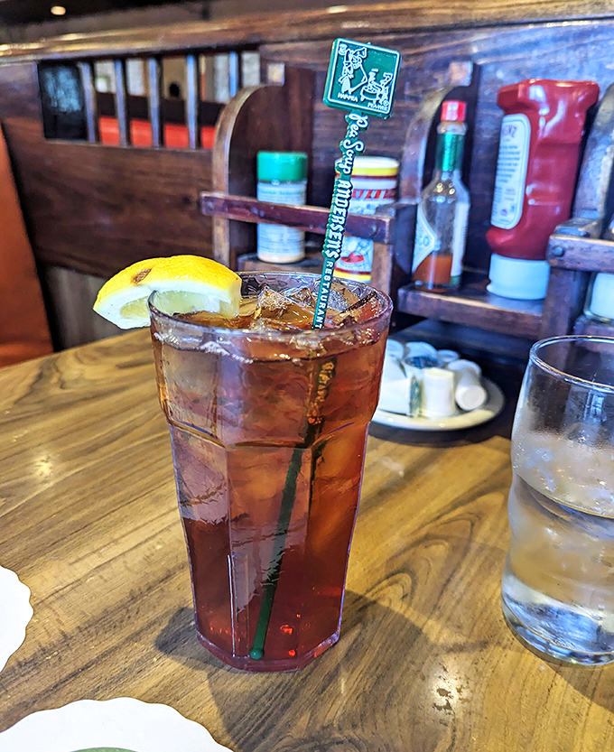 Even the iced tea comes with its own branded stir stick&mdash;because at Pea Soup Andersen's, no detail is too small when you're creating roadside dining memories.