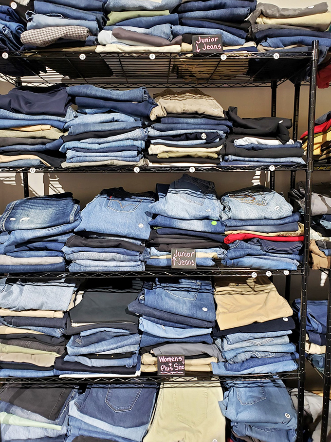 Denim paradise, meticulously folded and organized. These jeans have already done the hard work of breaking in; now they're just waiting for the right legs.
