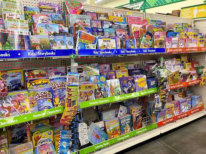 Children's literature paradise where classic characters and coloring books create the perfect recipe for rainy day entertainment.