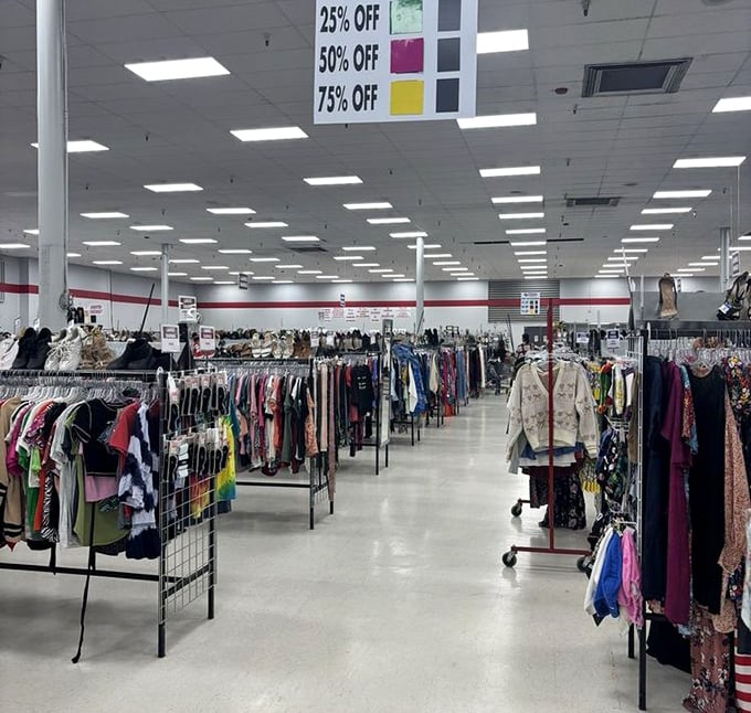 The color-coded discount system: a thrifter's secret language where yellow tags might as well be gold.