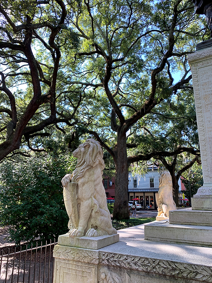 This majestic lion statue seems to guard the entrance to Savannah's historic district, reminding outlet shoppers that cultural treasures await just minutes away.