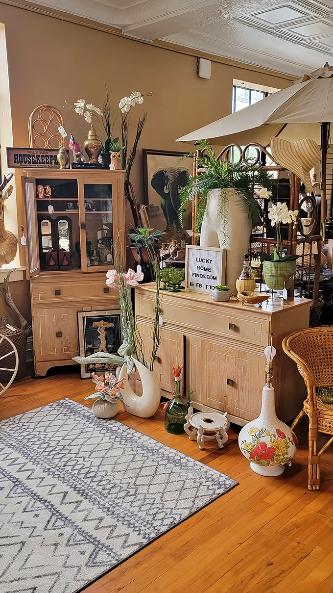Mid-century meets botanical bliss in this carefully curated corner where every vase and cabinet seems to whisper, "Your IKEA furniture could never."