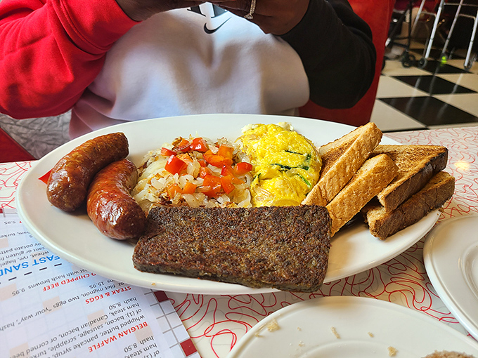 The breakfast of champions isn't cereal&mdash;it's this plate of meatloaf, sausage, and a fluffy omelet that fuels Delaware's finest.
