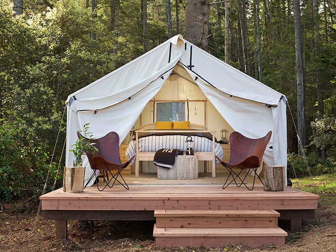 Glamping reaches new heights at Mendocino Grove, where canvas tents with real beds prove you can commune with nature without sacrificing comfort.