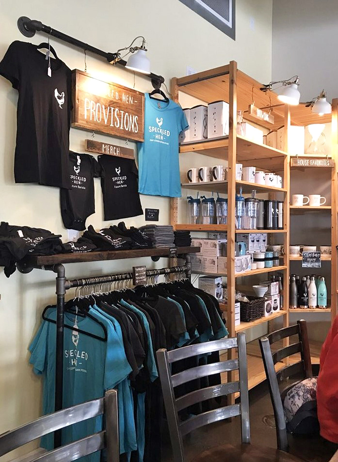 Merchandise that lets you take a piece of the Speckled Hen experience home. These shirts and mugs are basically wearable and drinkable souvenirs of your breakfast adventure.