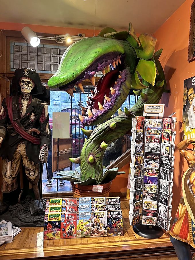 A giant carnivorous plant and skeletal pirate guard the gift shop. Because what's the point of visiting if you can't take home a tiny shrunken head keychain?