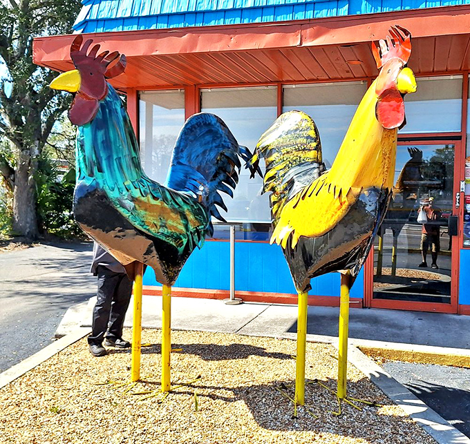 Not one but two magnificent metal roosters stand guard outside &ndash; because one rooster simply cannot convey sufficient breakfast enthusiasm.