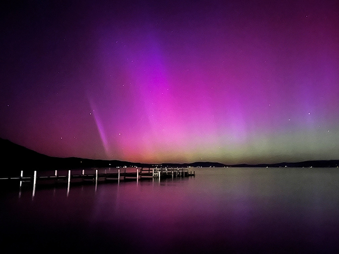 When the Northern Lights decide to dance over Lake Tahoe, even the stars seem to pause in appreciation of this rare and magical performance.
