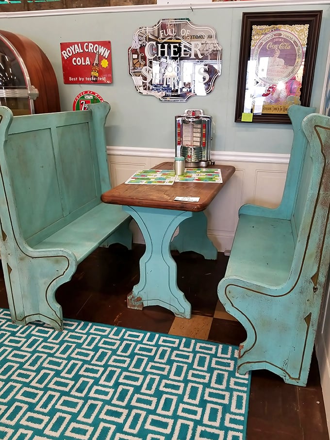 The diner booth of dreams! This turquoise beauty is just waiting for you to slide in and order a malt from a waitress named Flo.