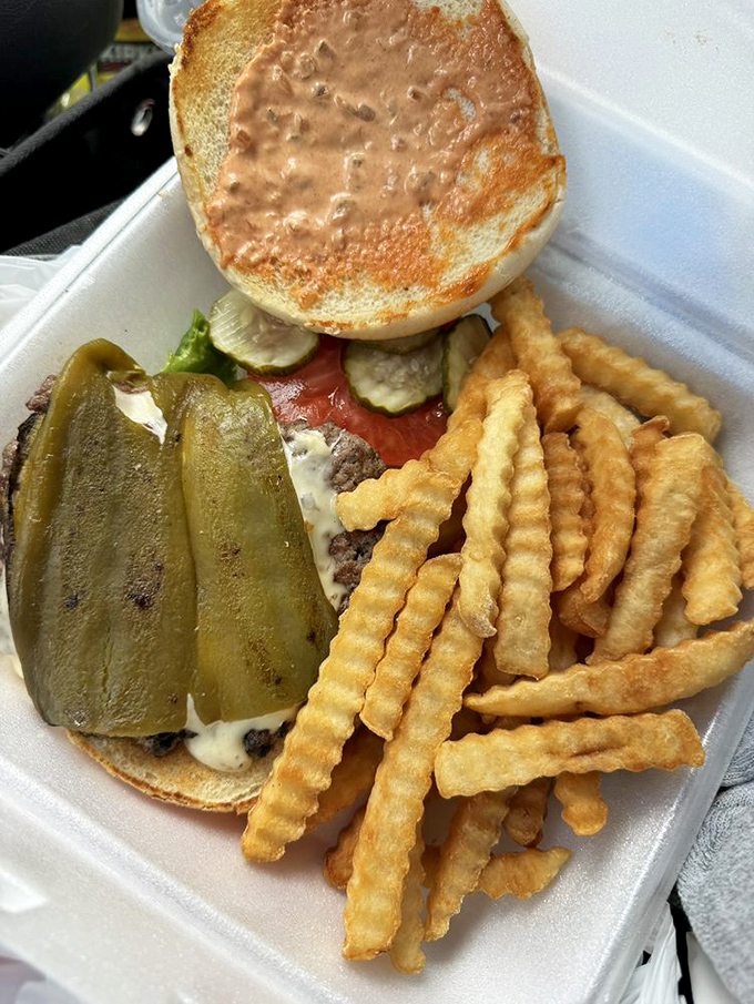 The Ortega burger arrives like a savory present, complete with those perfectly crisp fries that somehow make every road trip better.