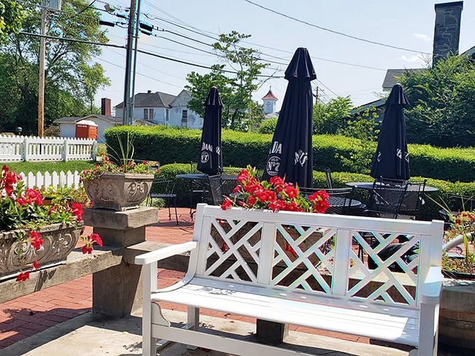 The outdoor patio offers a moment of reflection after your meal. Those benches have heard many a "I couldn't eat another bite" lie.