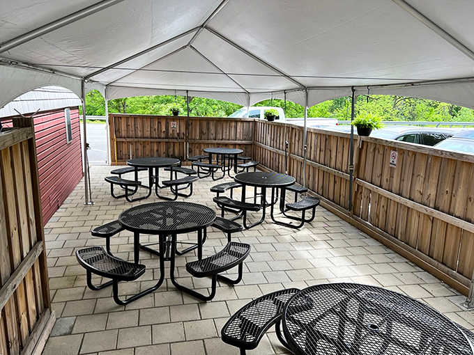 Rain or shine, the covered patio ensures your outdoor dining experience remains perfectly dry. Comfort extends beyond the kitchen here.