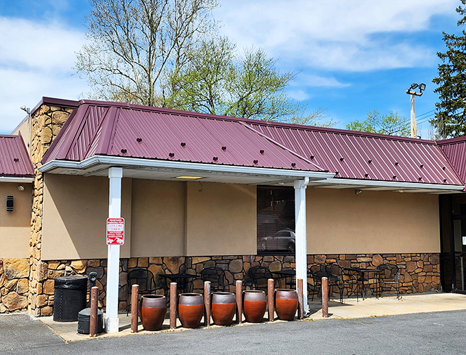 Even the exterior patio with its decorative pots says, "Slow down, friend &ndash; good food and conversation are meant to be savored."