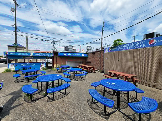 James Beard Award Winner banners don't lie&mdash;these blue outdoor tables have hosted more culinary joy than most white-tablecloth establishments ever will.
