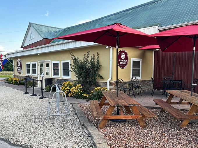 Red umbrellas and picnic tables create the perfect outdoor setting for breaking bread. Some treasures are best enjoyed in the fresh Delaware air.