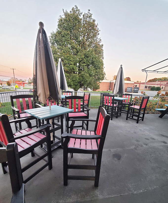 Outdoor seating with a splash of sunset. Those red-striped chairs invite you to enjoy your shake with a side of fresh Pennsylvania air.