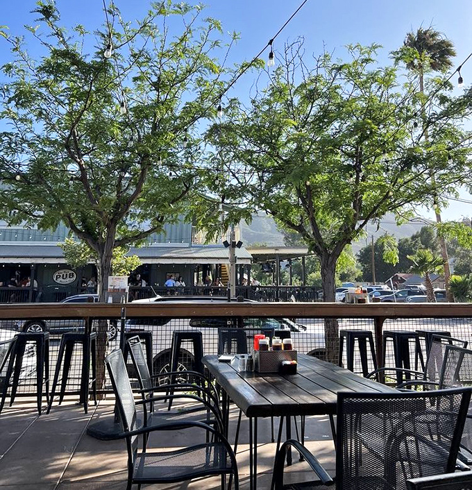 A perfect California day awaits at these outdoor tables, with mountain views complementing whatever deliciousness you've ordered.