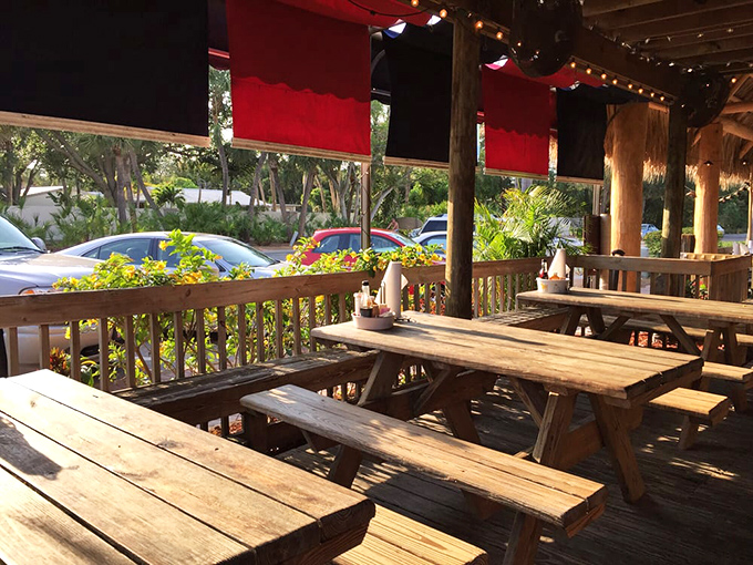 Picnic tables bathed in Florida sunshine, where the only thing better than the Gulf breeze is knowing your food is on its way.