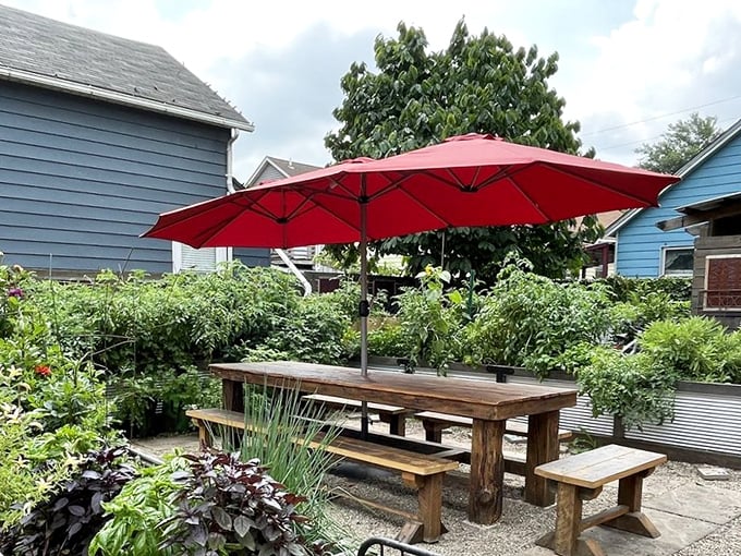 The secret garden where ingredients begin their journey to your plate. Lucky's outdoor seating area doubles as an herb and vegetable paradise.