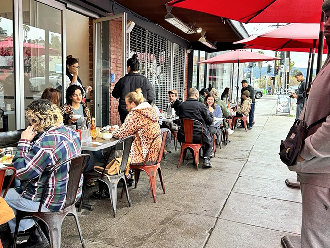 The sidewalk seating at Millie's: where Los Angeles shows off its perfect weather and people-watching potential.