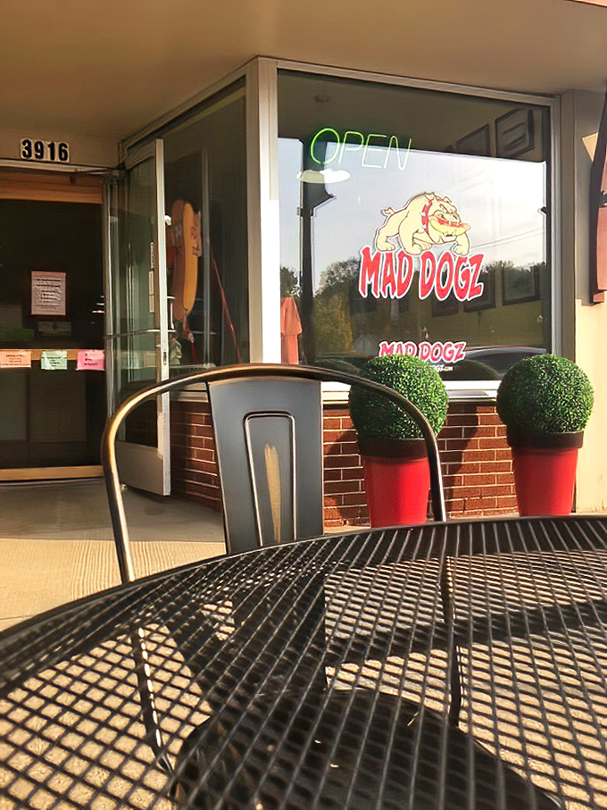 Those metal tables outside Mad Dogz aren't just furniture&mdash;they're front-row seats to the best show in town: watching newcomers' faces when they see their first loaded dog.