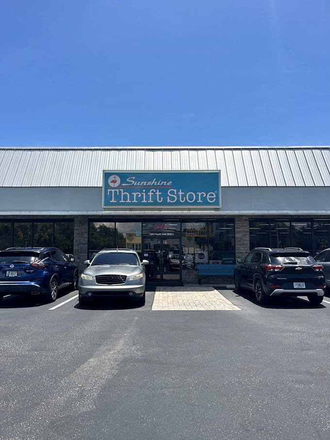Blue skies, blue sign, and infinite possibilities waiting inside. Sunshine Thrift lives up to its name with bright deals on even brighter days.