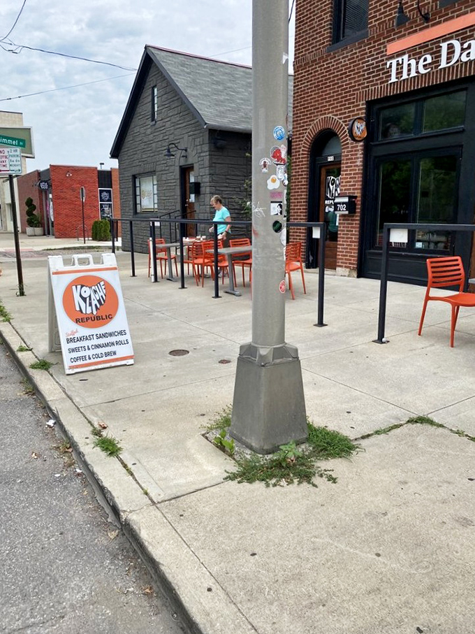 Sidewalk seating with those signature orange chairs invites you to enjoy your kolache al fresco&mdash;Columbus weather permitting, of course.
